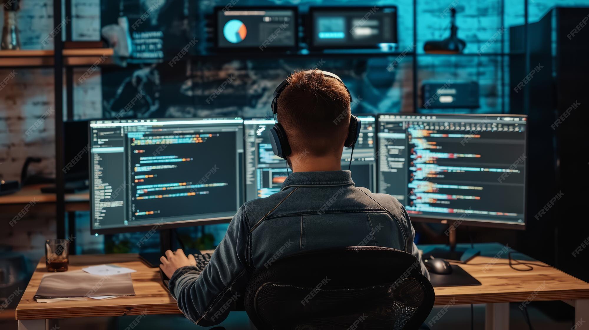Premium Photo | IT Specialist Working on Personal Computer with Monitors Showing Coding Language ...