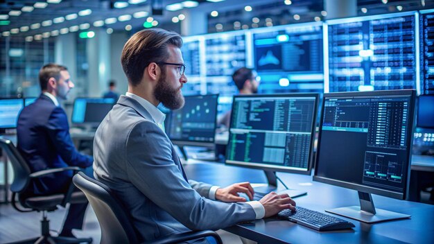 Premium Photo | IT Specialist Works on Computer with Screen Display Software Program with Coding ...