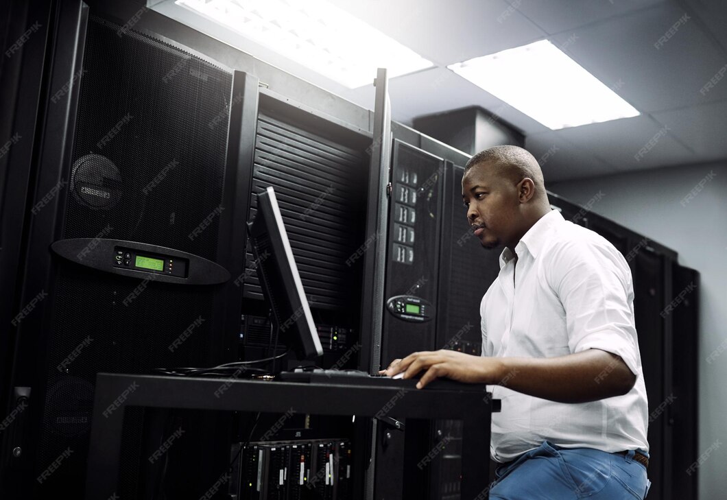 Premium Photo | IT support black man or coding on laptop in server room ...
