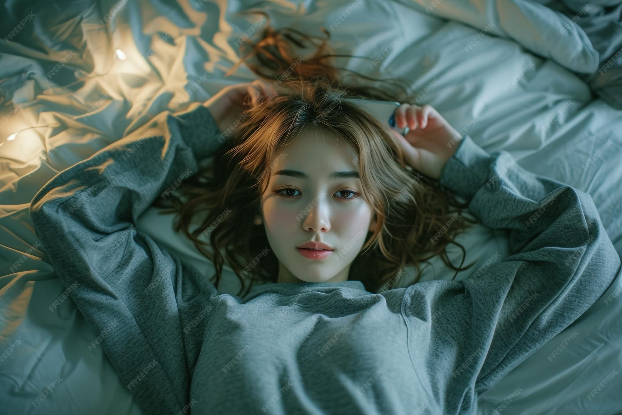 Japanese Woman Lying Face Down On Bed Shoulderlength Wavy Hair Down Wearing Sweats Premium Ai