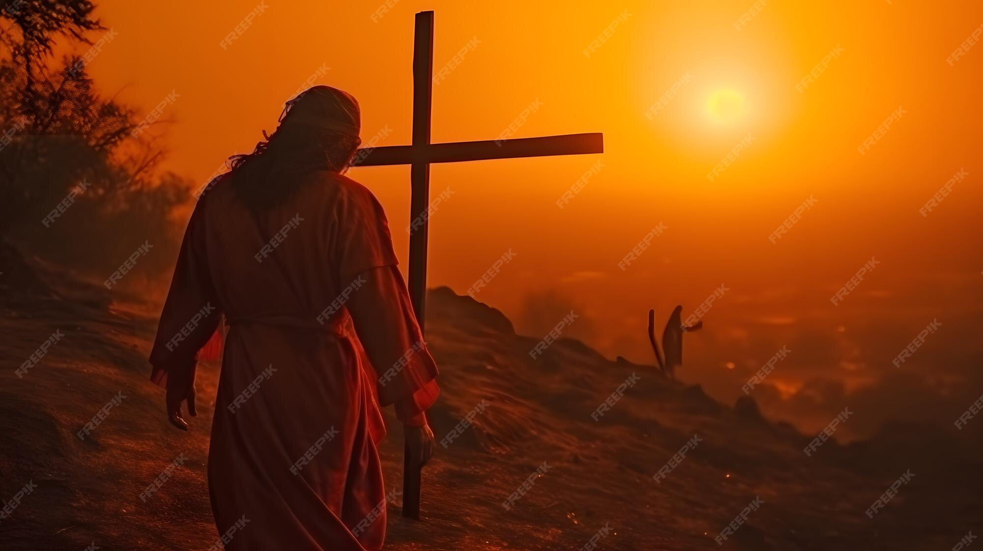 Premium Ai Image Jesus And Cross On Golgotha Hill Red Sky Sunset Dawn