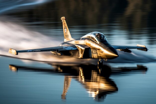 Premium AI Image | Jet soaring above a serene body of water Generative AI Premium AI Image | Jet soaring above a serene body of water Generative AI