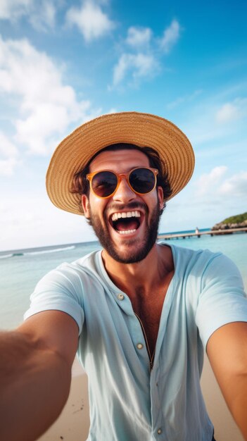 Premium Ai Image Joyful Man Capturing A Selfie With Hat And Sunglasses Generative Ai