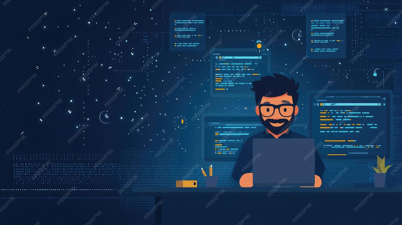 A joyful programmer coding in a dark environment surrounded by floating ...