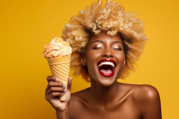 Premium Photo Joyful Woman With Curly Hair Holding Ice Cream Cone On