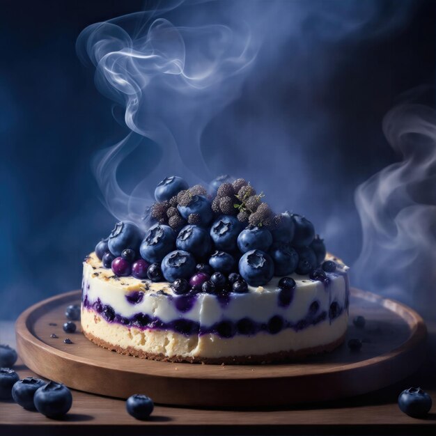 Premium Ai Image Juicy Cheesecake With Blueberries On Top With Smoke
