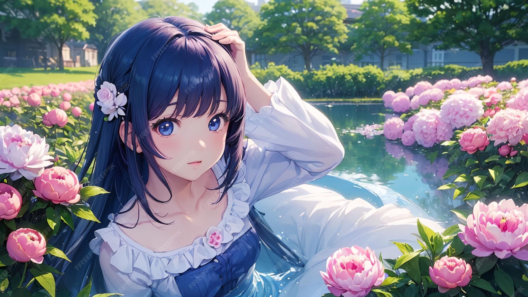 Premium Photo Kawaii Anime Girl In The Flower Garden For Wallpaper