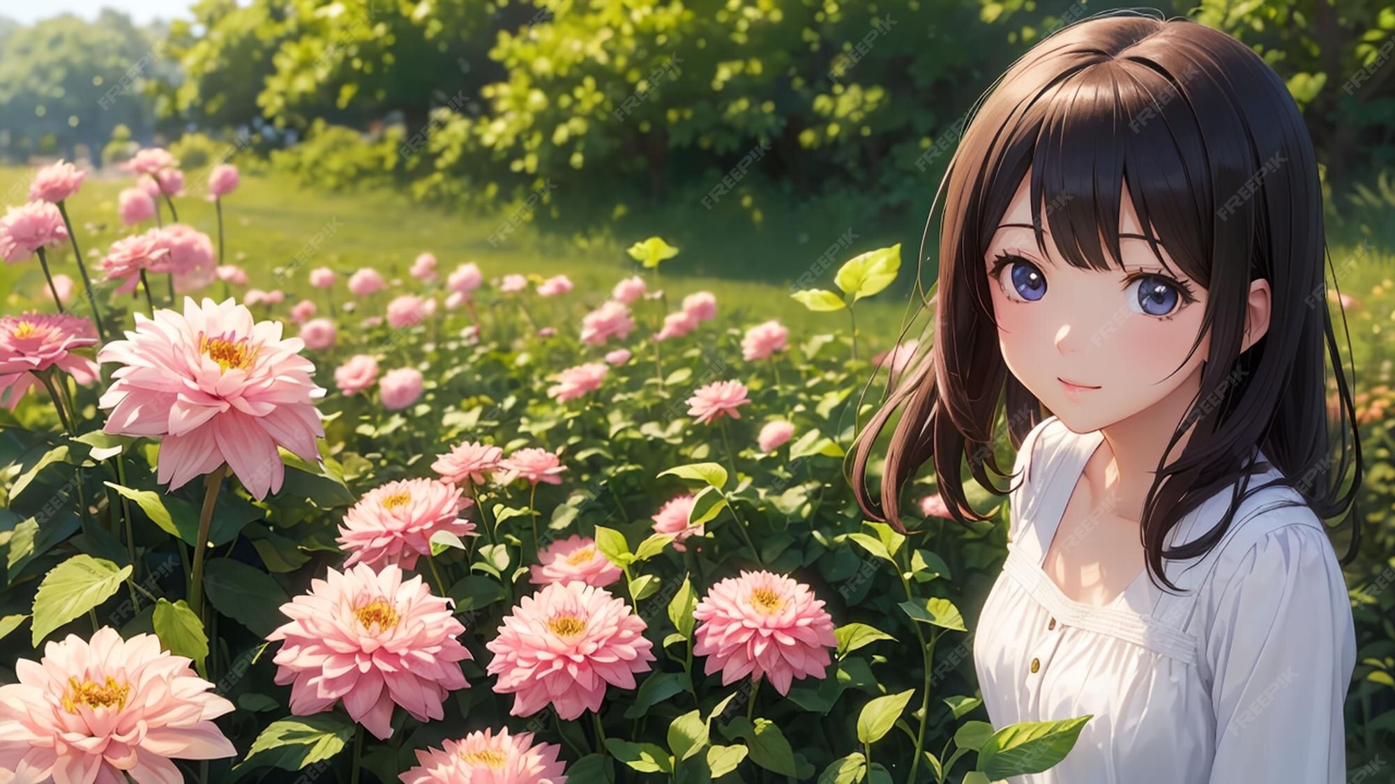 Premium Photo Kawaii Anime Girl In The Flower Garden For Wallpaper