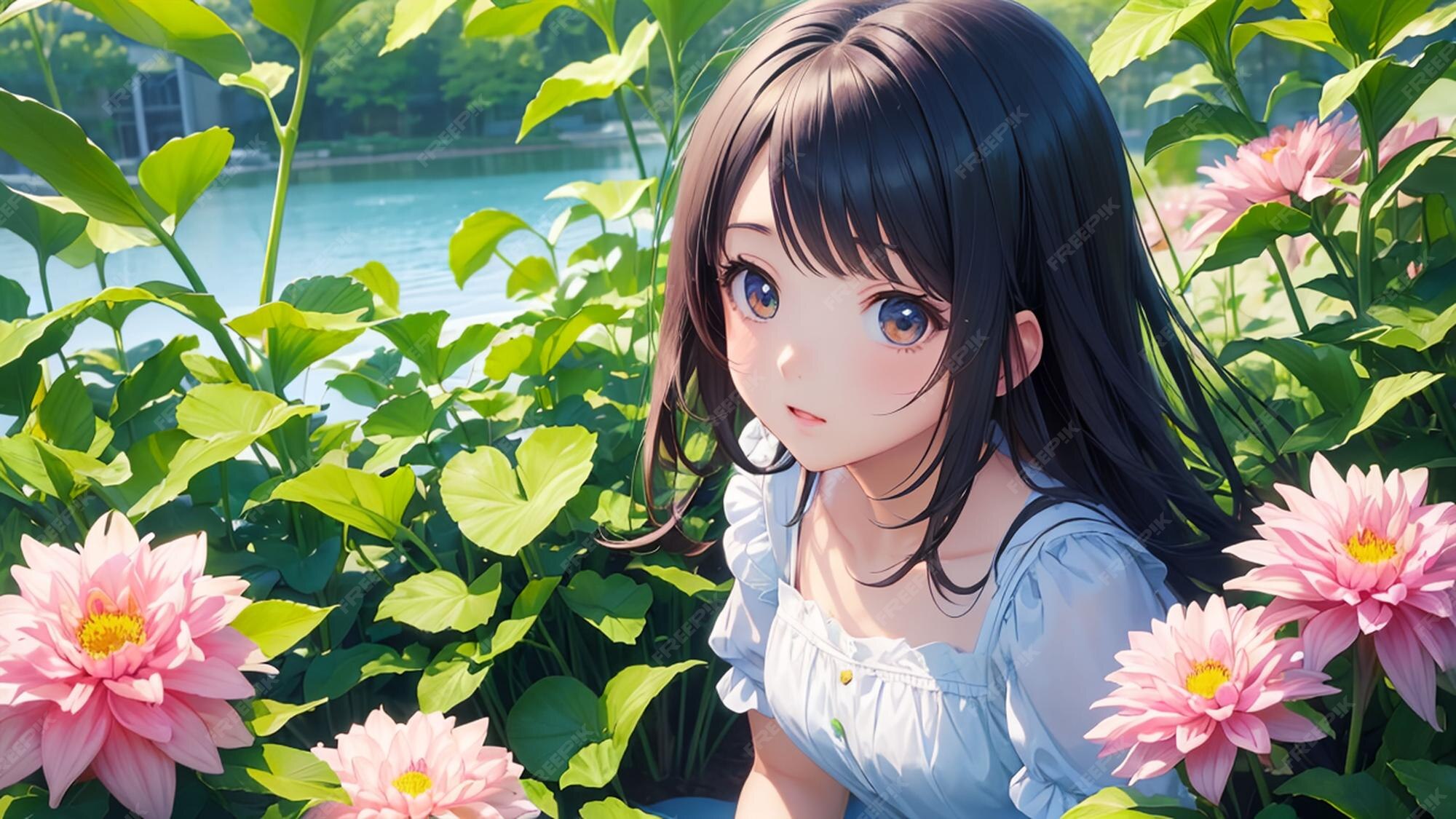 Premium Photo Kawaii Anime Girl In The Flower Garden For Wallpaper