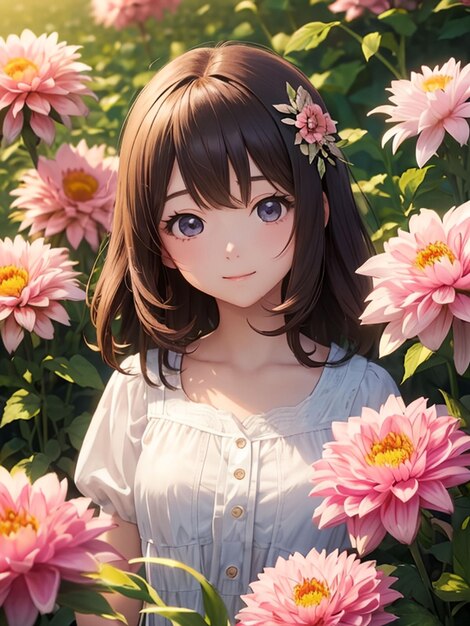 Premium Ai Image Kawaii Girl Anime And Dahlia Flower Garden