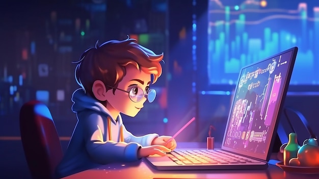 Kid programmer learn coding on computer tablet or phone Child create code or program Generative ...