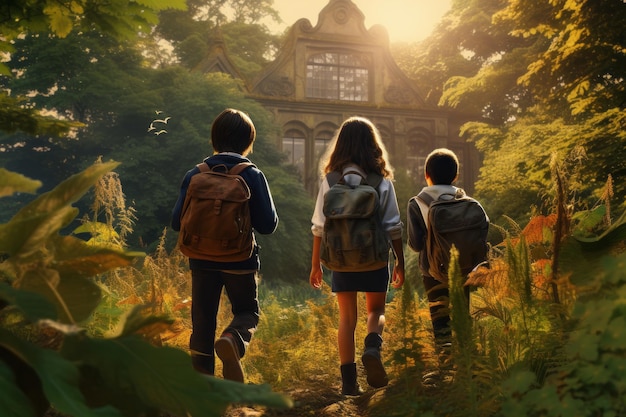 Premium AI Image | Kids exploring the schools grounds and nature Premium AI Image | Kids exploring the schools grounds and nature