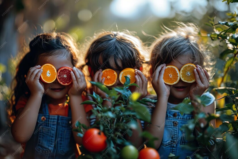 Kids Exploring the World of Fruits and Veggies | Premium AI-generated image Kids Exploring the World of Fruits and Veggies | Premium AI-generated image