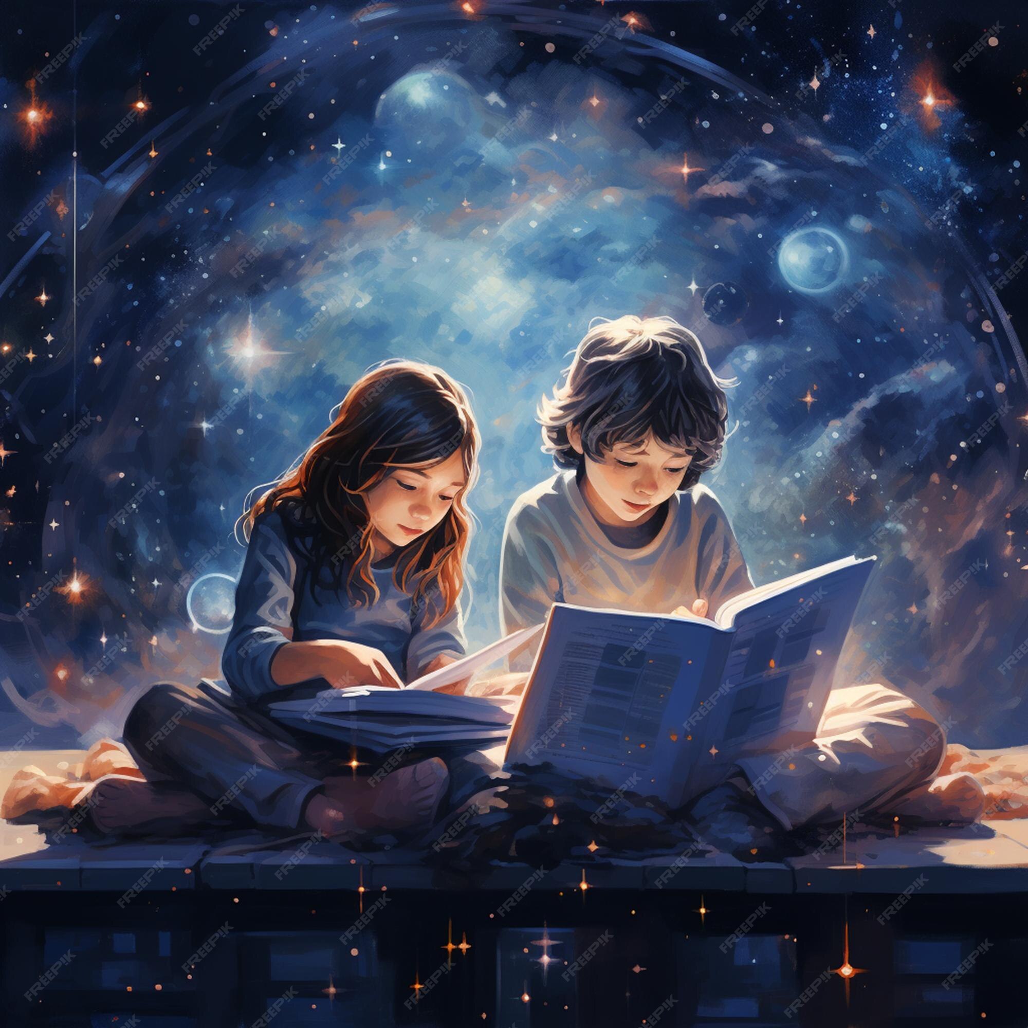 Premium AI Image | kids studying over the stars and blue space Premium AI Image | kids studying over the stars and blue space