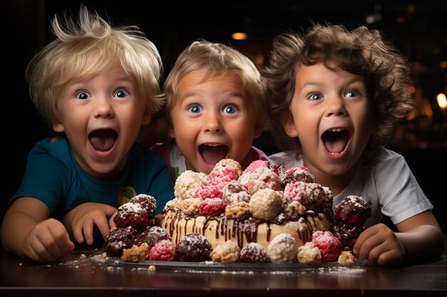 Premium Photo | Kids Unleash Fun and Frolic Around the Cake Premium Photo | Kids Unleash Fun and Frolic Around the Cake