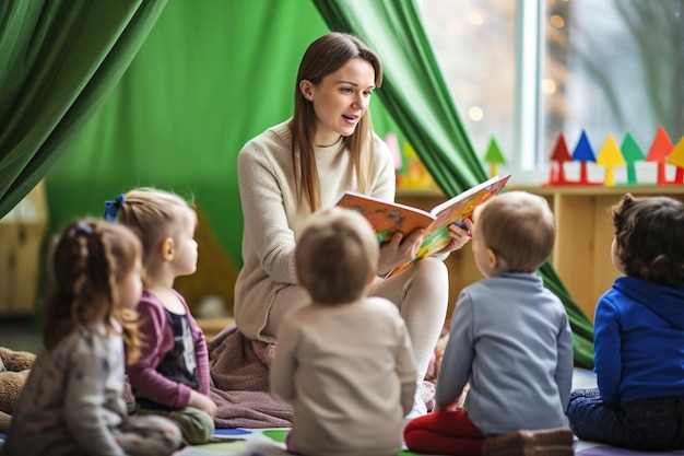 Premium AI Image | Kindergarten teacher explaining something to students Premium AI Image | Kindergarten teacher explaining something to students