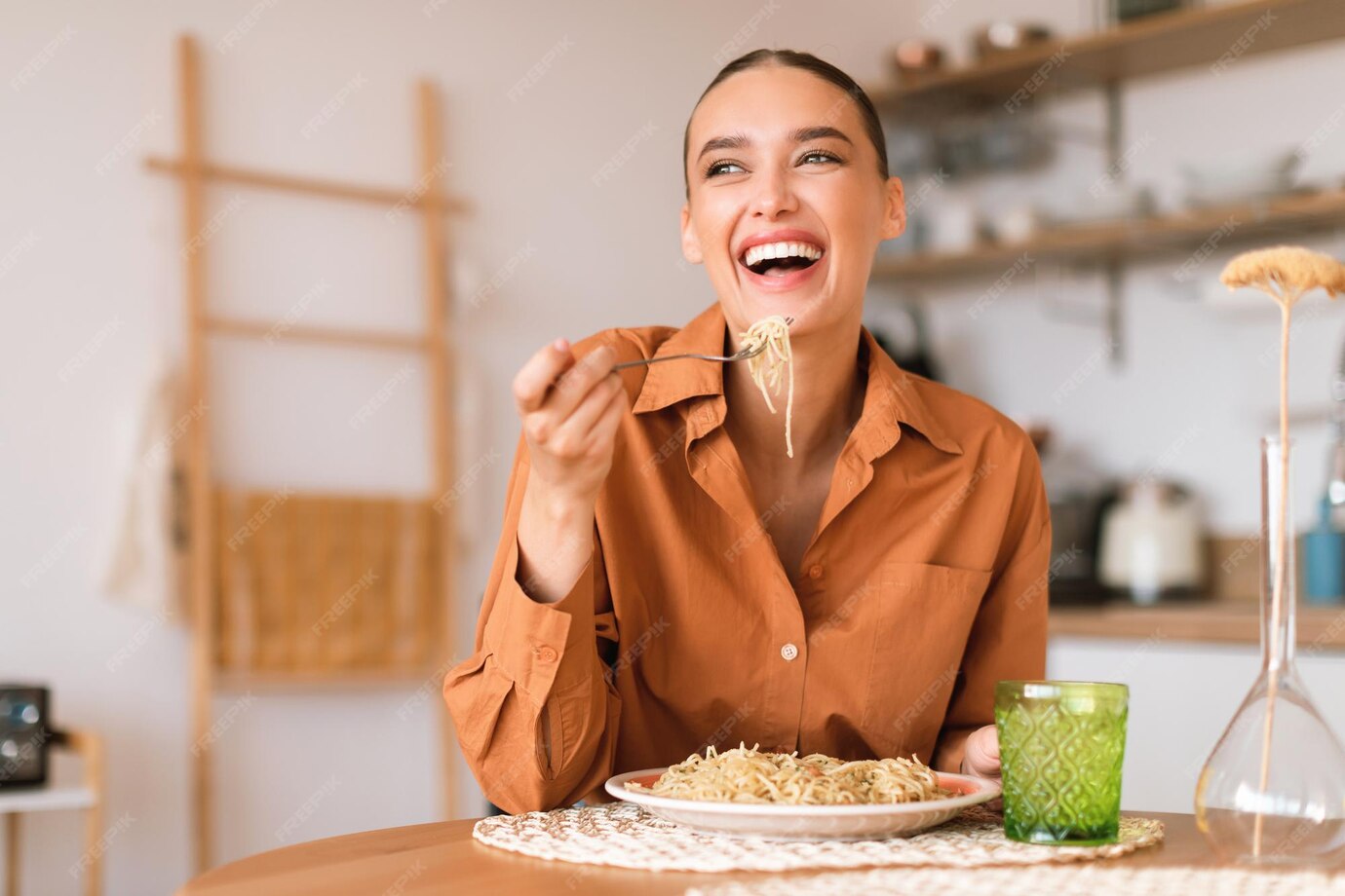 Premium Photo Kitchen Happenings Excited Woman Eating Tasty Homemade