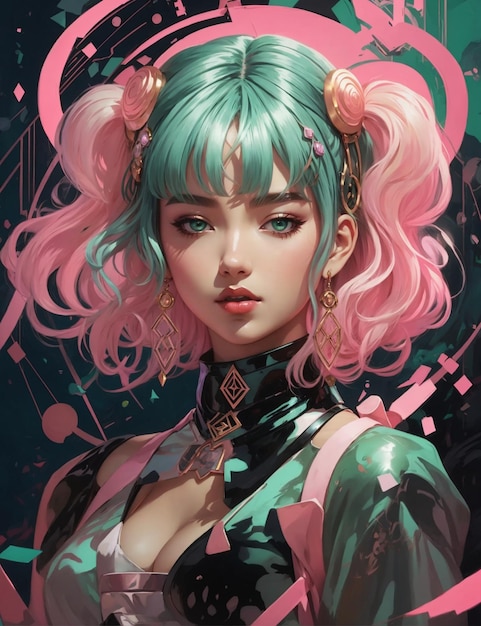 Premium Photo Korean Fashionista With Space Buns Holographic Illustration