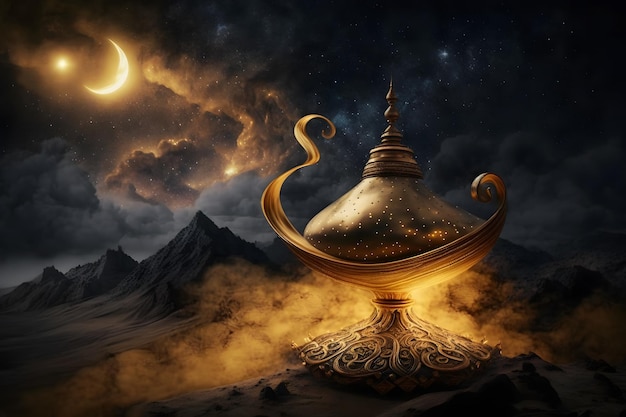 Premium Ai Image Lamp Of Wishes In The Desert Genie Coming Out Of The Bottle Neural Network Ai