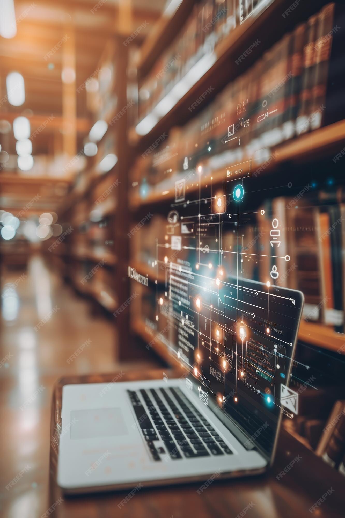 Laptop Computer Displaying Abstract Programming Code And Data Analysis Interface In Library