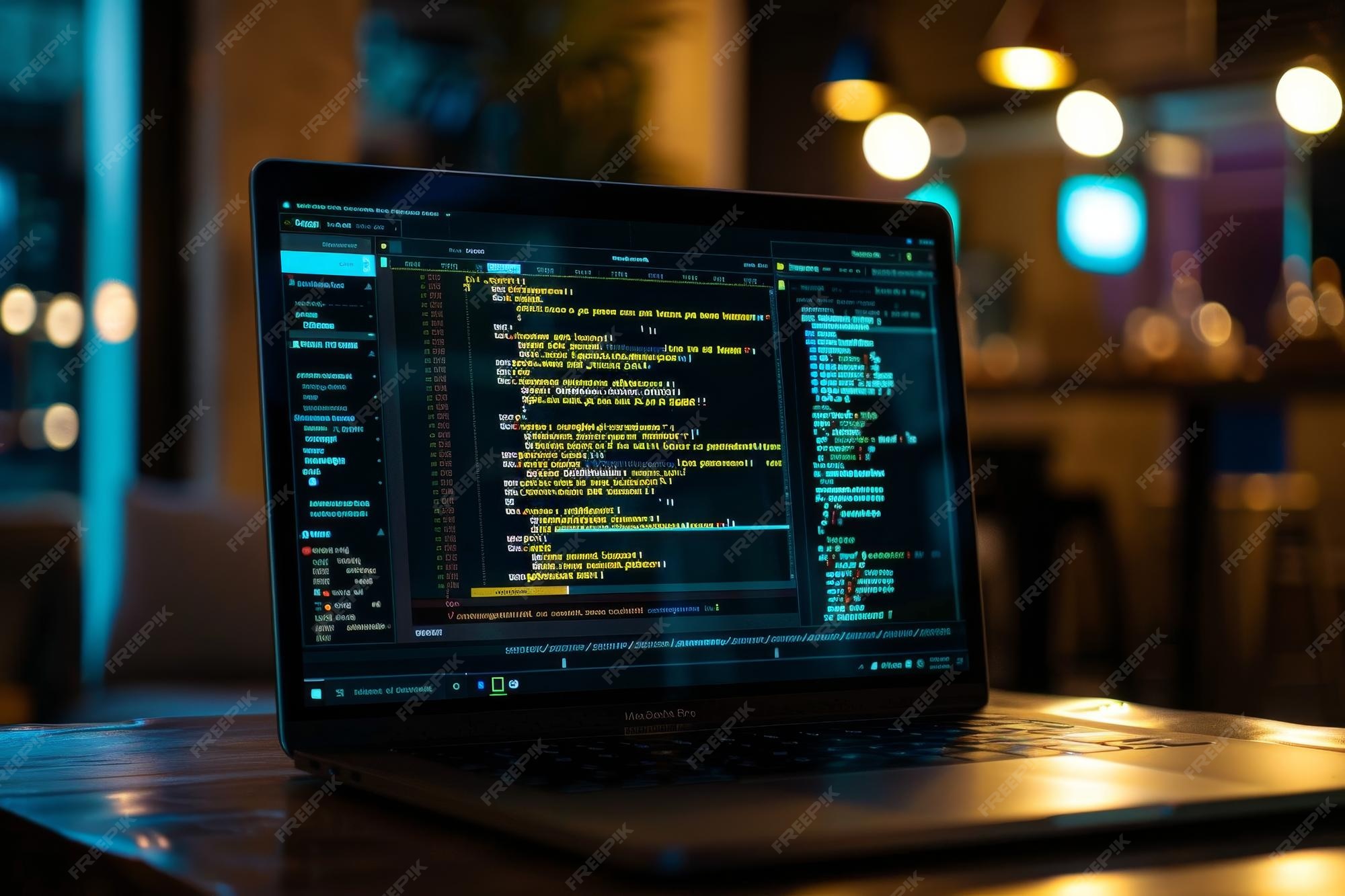 A laptop computer showing a complex coding project on top of a wooden ...