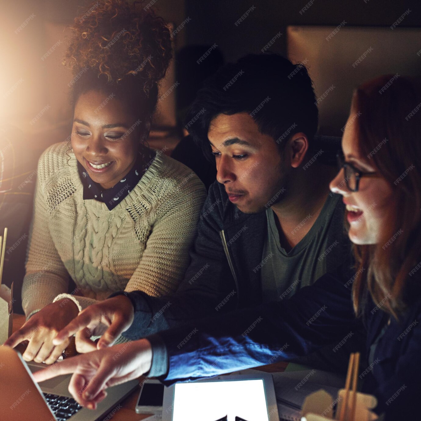 Premium Photo | Laptop diversity or night people point at programming ...
