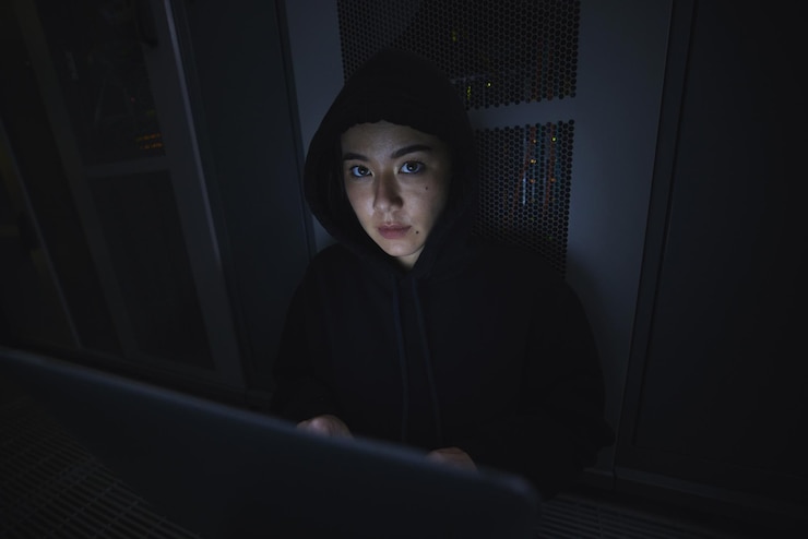 Premium Photo Laptop Hacker And Server With Portrait Of Woman For