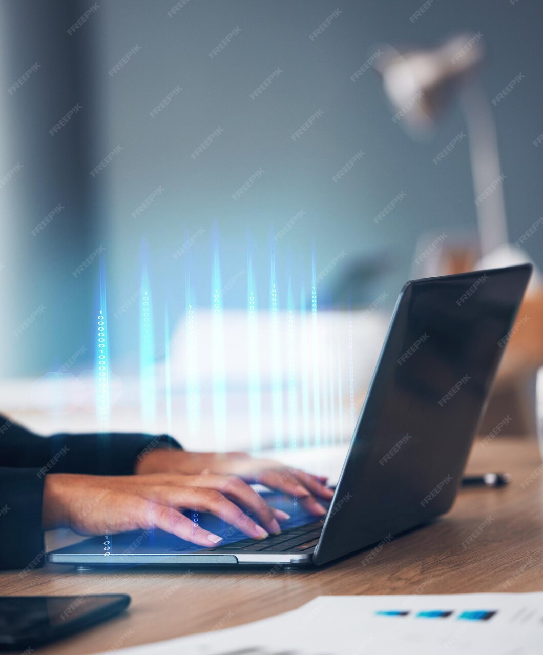 Premium Photo | Laptop hands and data hologram in office coding software or ux programming for ...