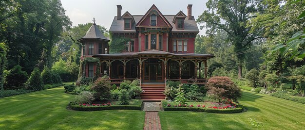 A large red house with a large garden in front of it | Premium AI ... A large red house with a large garden in front of it | Premium AI ...