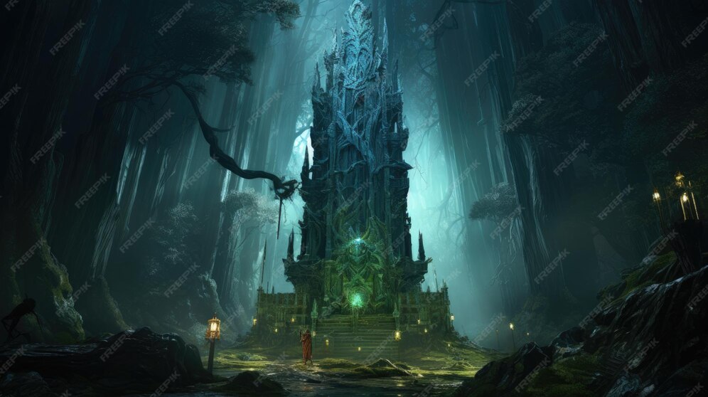 Premium Ai Image Largest Glass Mage Tower In Dark Fantasy Forest