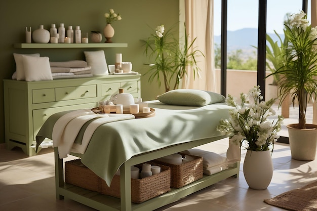 Premium Photo The Light Green Interior Of Relaxing Spa Area In A Bright Room With Massage