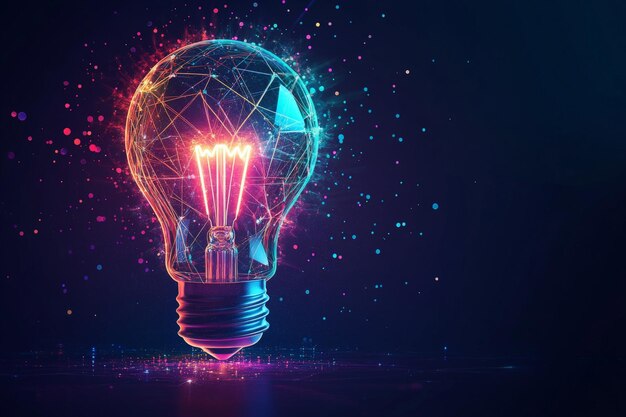 A lightbulb made of geometric shapes and bright neon lines surrounded ... A lightbulb made of geometric shapes and bright neon lines surrounded ...