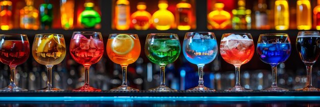Line Of Alcoholic Cocktails In A Nightclub Bar Counter Colorful Party