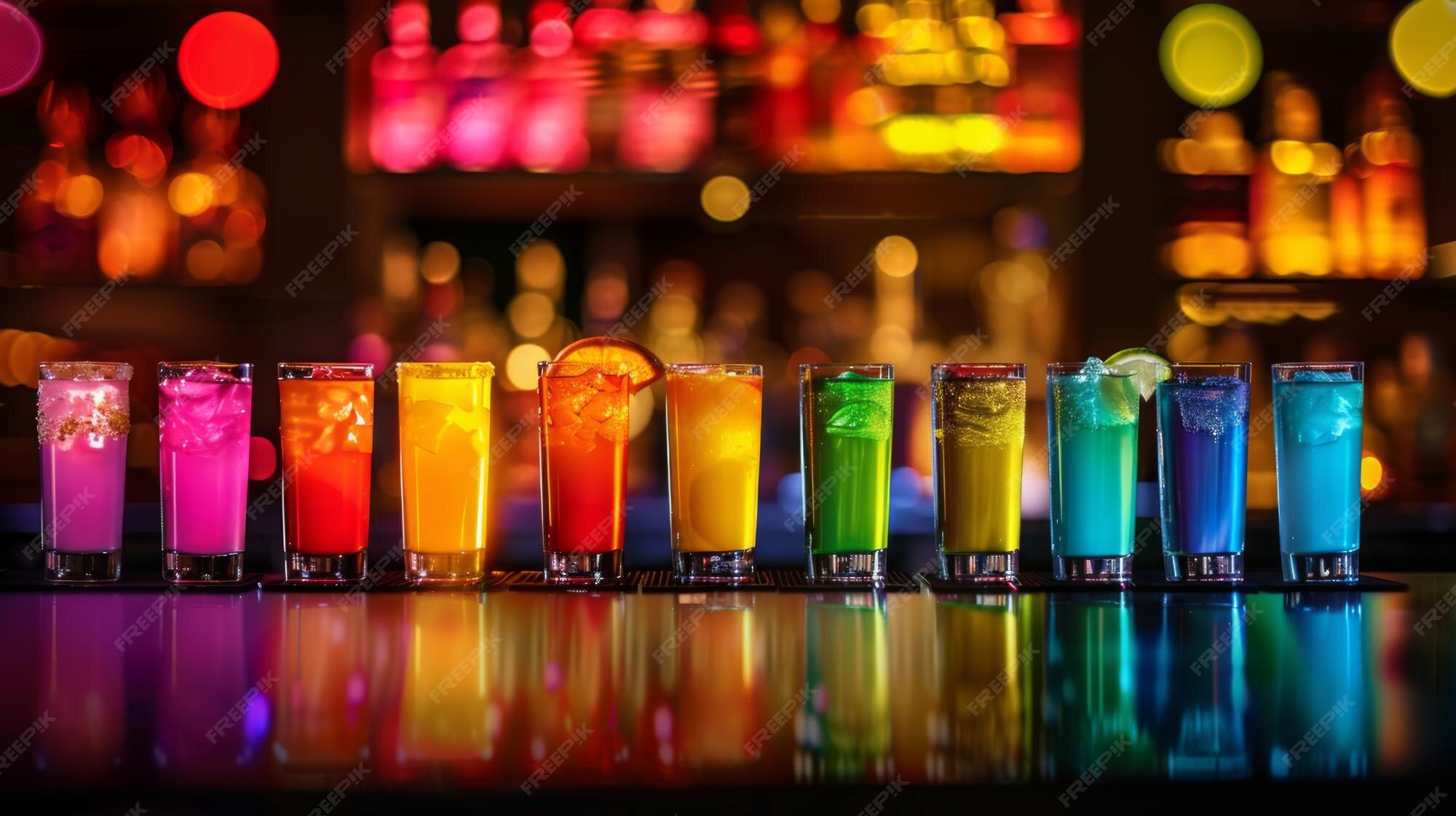 Line Of Alcoholic Cocktails In A Nightclub Bar Counter Colorful Party