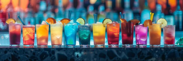Line Of Alcoholic Cocktails In A Nightclub Bar Counter Colorful Party