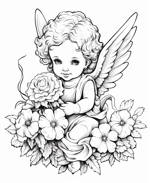 Premium Photo A Little Angel With Flowers And A Rose Tattoo Design Generative Ai