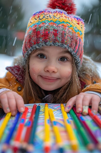Little girl holding crayons in snow | Premium AI-generated image Little girl holding crayons in snow | Premium AI-generated image