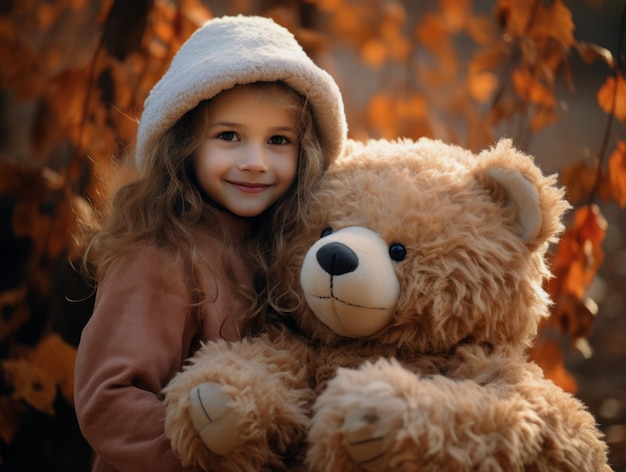 Premium AI Image | Little girl hugging a big teddy bear in the autumn park Premium AI Image | Little girl hugging a big teddy bear in the autumn park