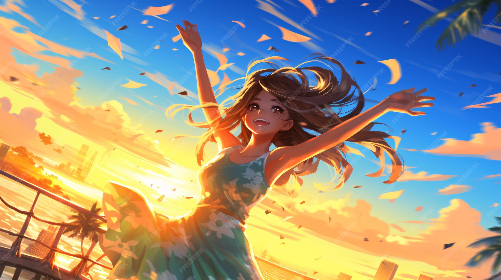 A Lively Anime Girl Wearing A Colorful Bikini Dancing On A Tropical Beach With Palm Trees In The