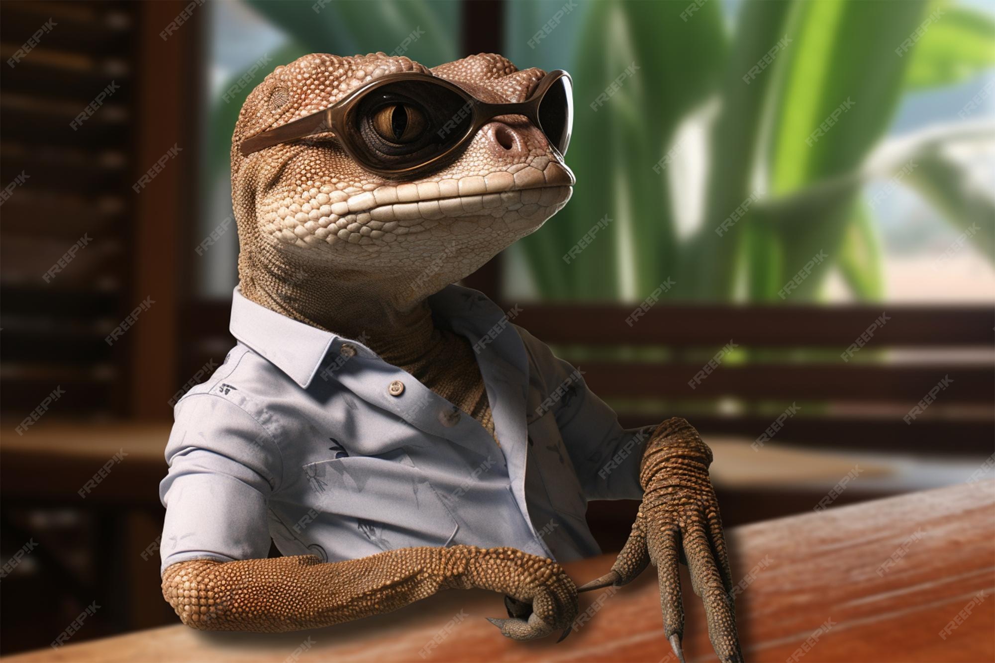 Premium Ai Image Lizard Wearing Sunglasses Sitting On A Table