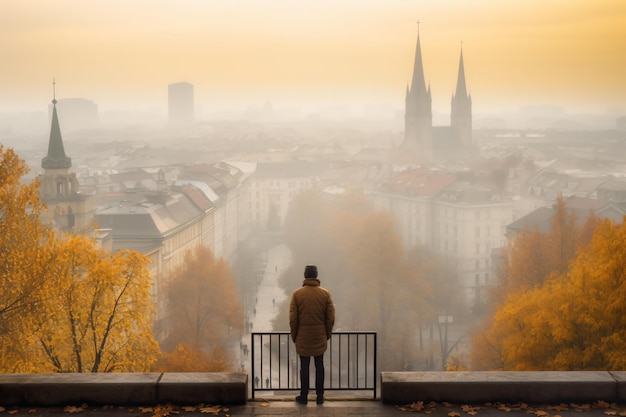 Premium AI Image | lonely man looking at a foggy cityscape Premium AI Image | lonely man looking at a foggy cityscape