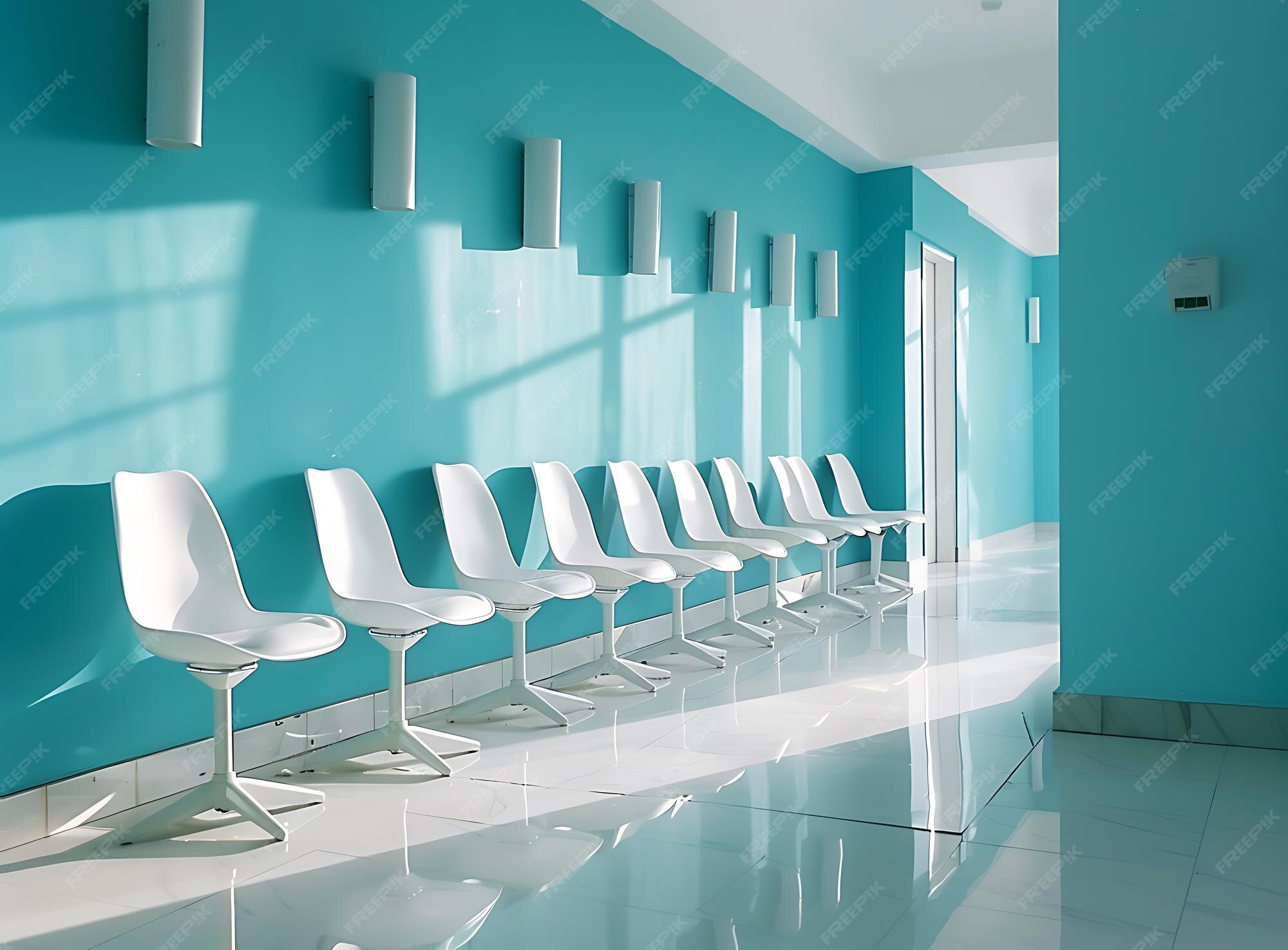 Long empty modern medical clinic hall with white chairs and blue walls ... Long empty modern medical clinic hall with white chairs and blue walls ...