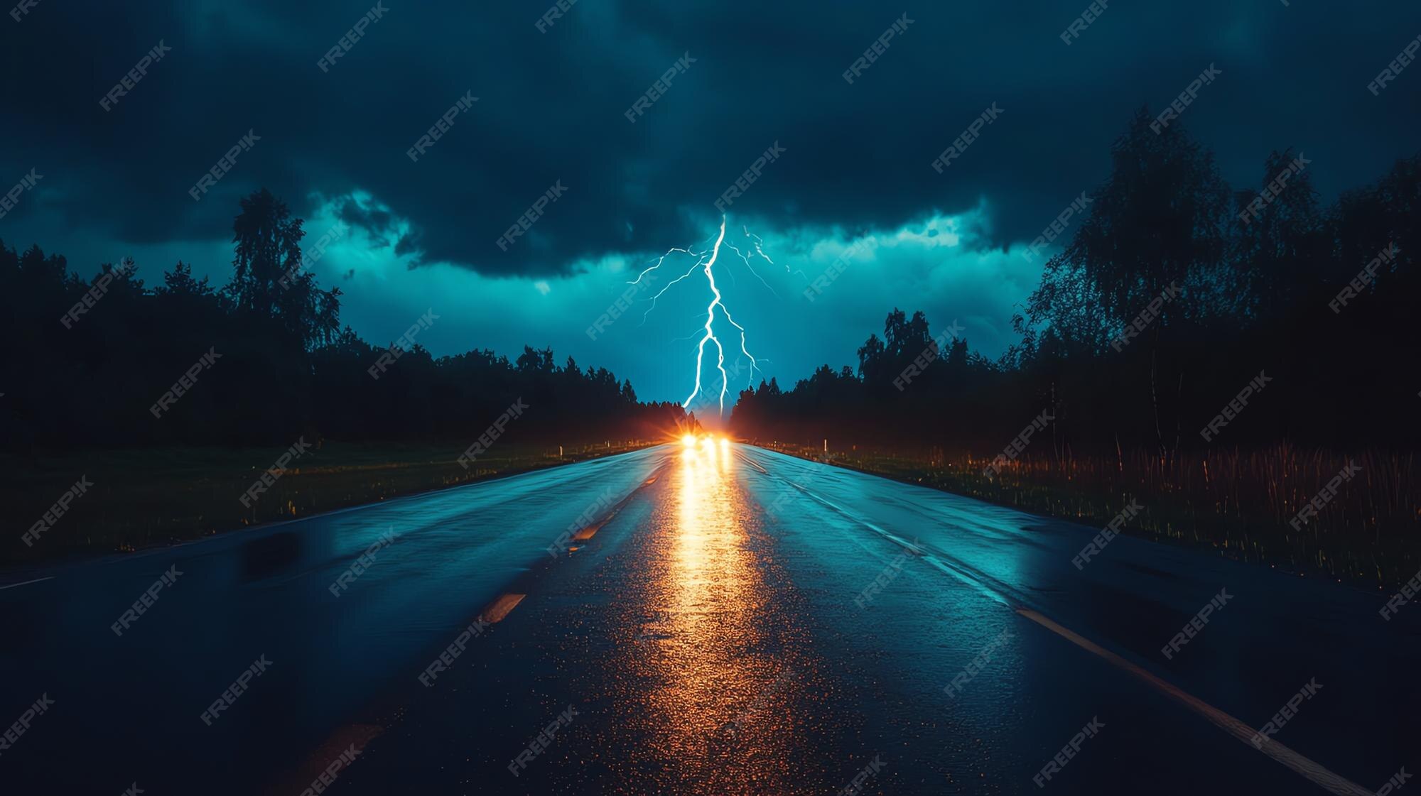 A long empty road stretches out under a dark sky with a bright ... A long empty road stretches out under a dark sky with a bright ...