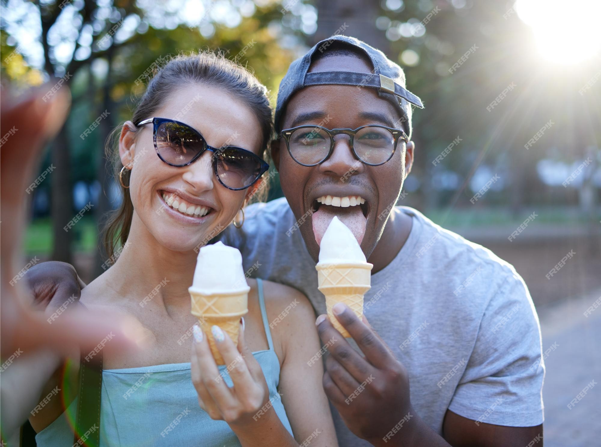 Premium Photo Love Ice Cream Or Couple Take A Selfie In A Park On A