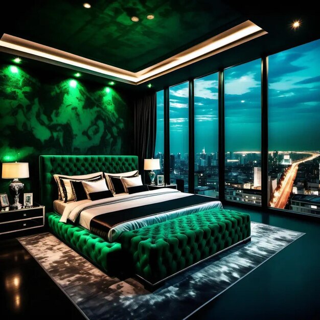 Premium Photo | Luxurious Emerald Modern Penthouse Bedroom at Night Premium Photo | Luxurious Emerald Modern Penthouse Bedroom at Night