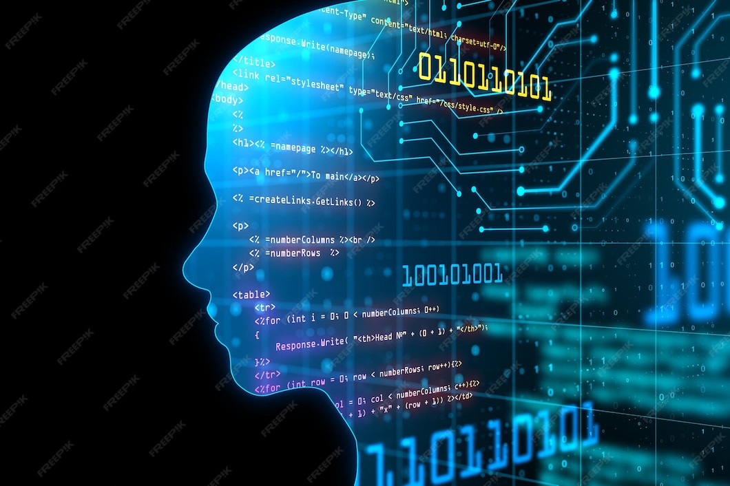 코딩 및 프로그래밍 인터페이스 3d 렌더링을 사용하여 어두운 배경에서 파란색 그림자 인간 머리 쪽 보기를 사용하는 기계 학습 및 소프트웨어 기술 개념 프리미엄 사진