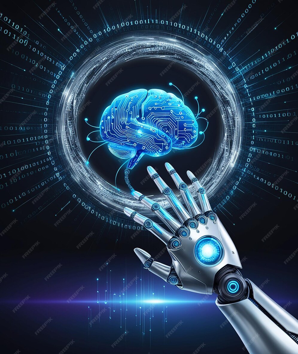 Machine learning Hand of robot touching on binary data Futuristic ...