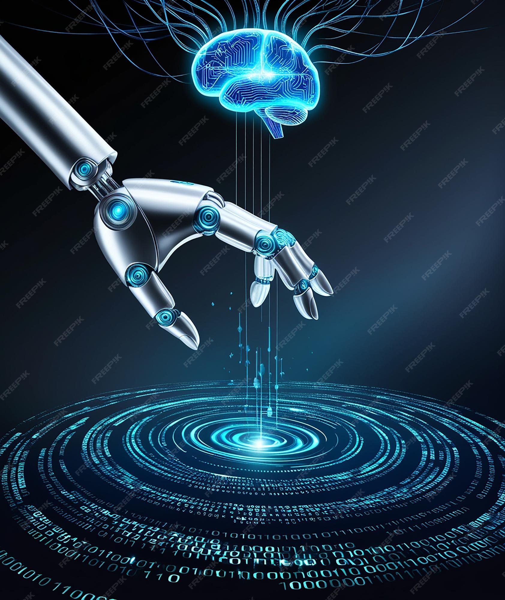 Machine Learning Hand Of Robot Touching On Binary Data Futuristic