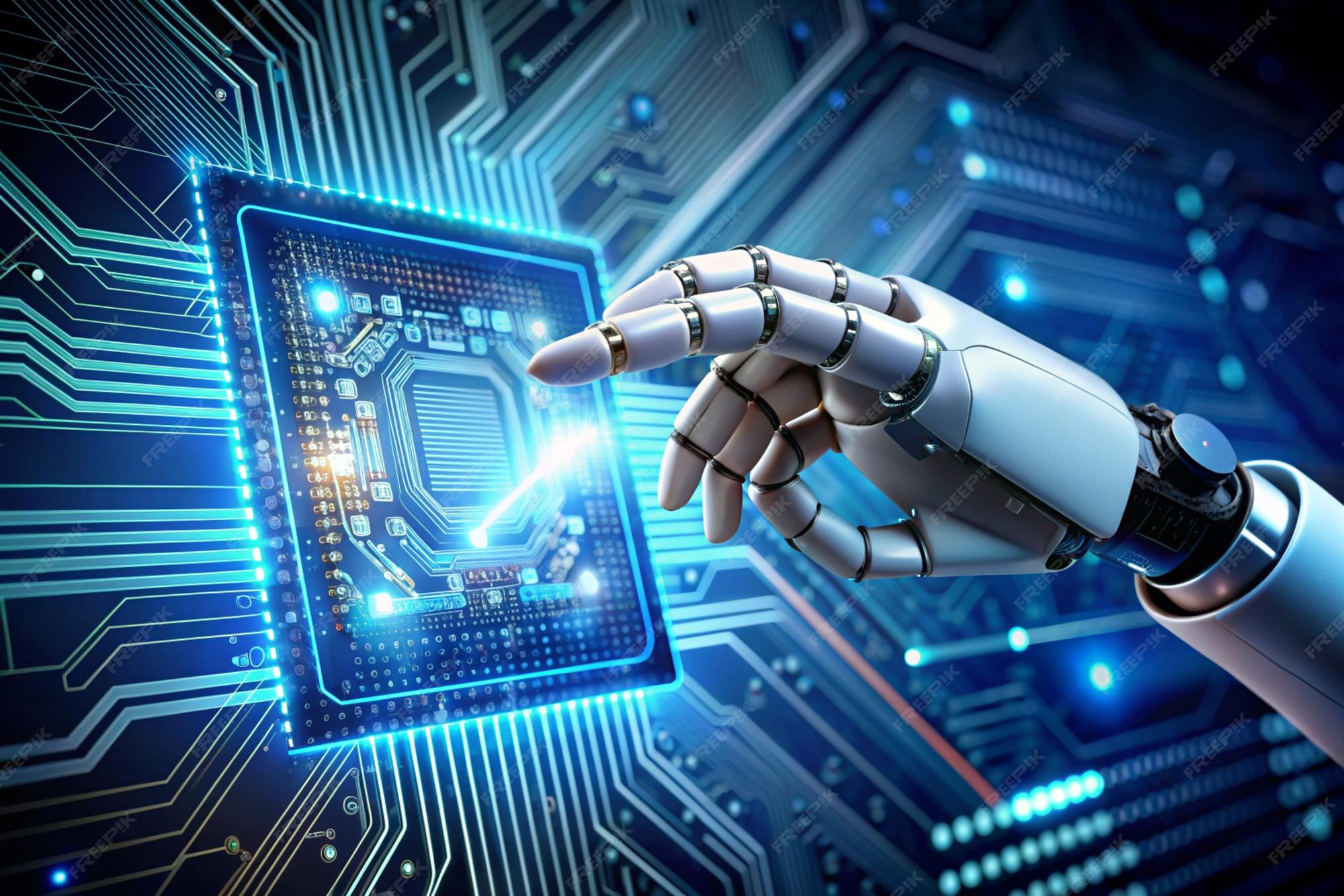 Machine learning Hand robot touching computer chip and binary data ...