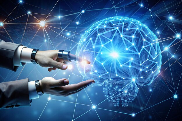 Machine Learning Hand Touch A Robot On Network And Binary Data Futuristic Artificial